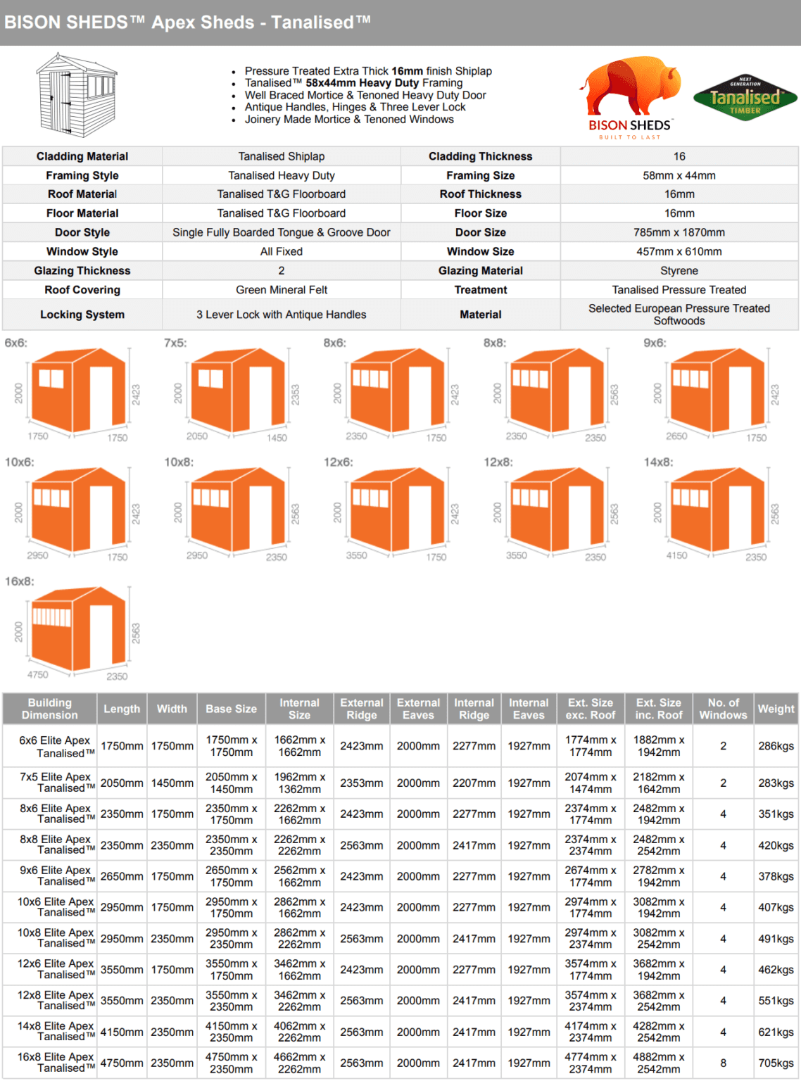 BISON Tanalised APEX Shed 16x8 - A1 Sheds