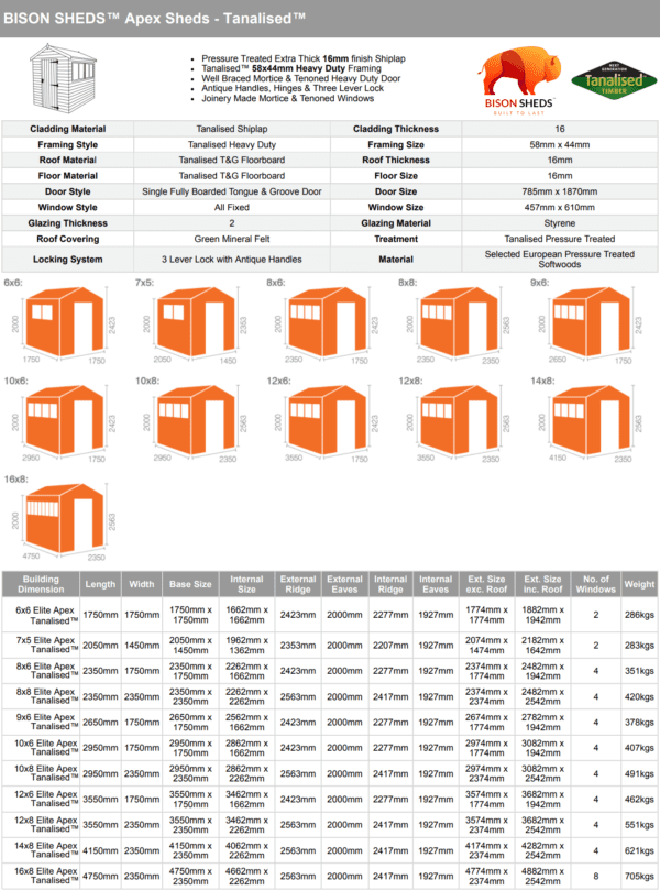 BISON Tanalised APEX Shed 16x8 - A1 Sheds